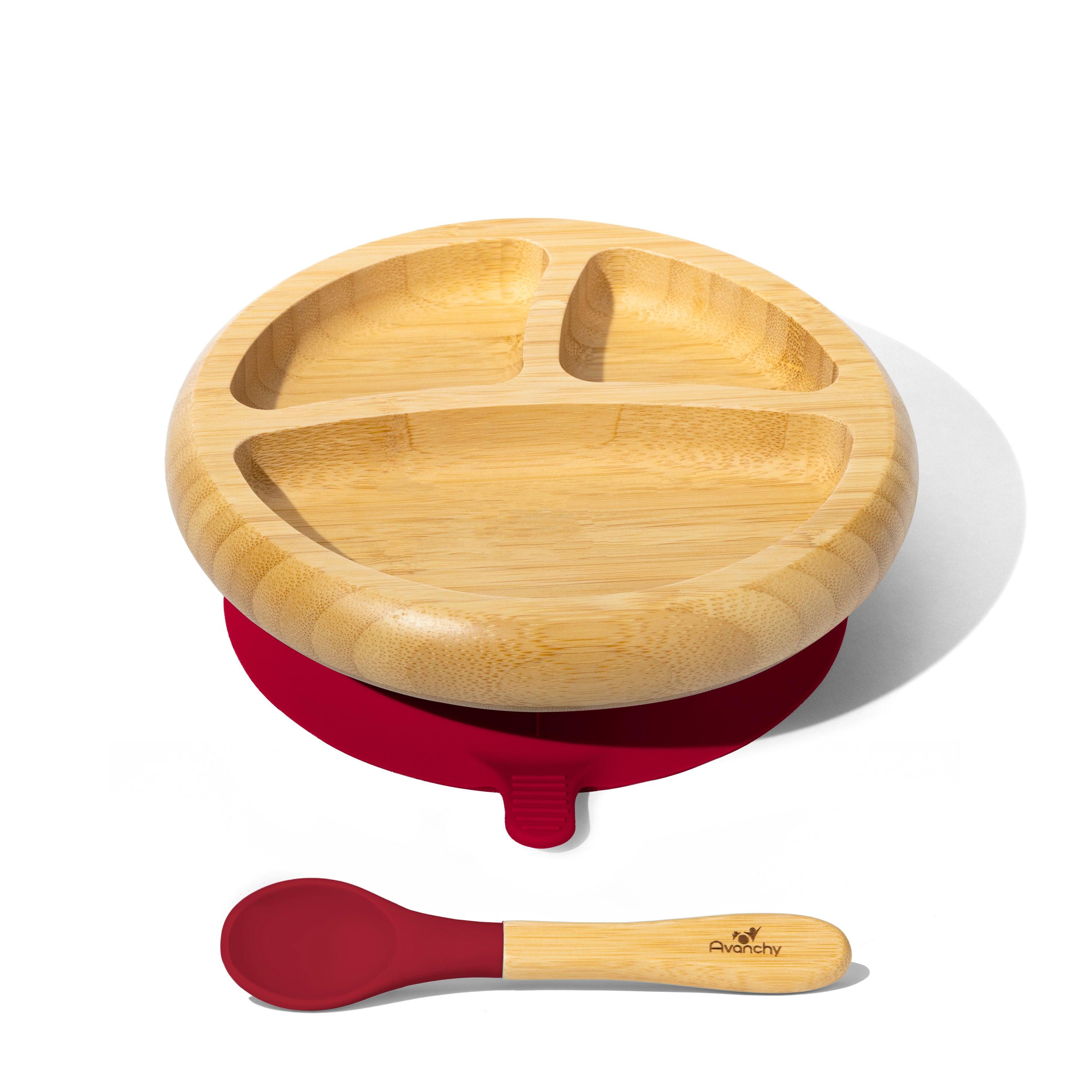 Avanchy Bamboo BLW Plates with Spoon Silicone Suction Cup Divided for First Foods